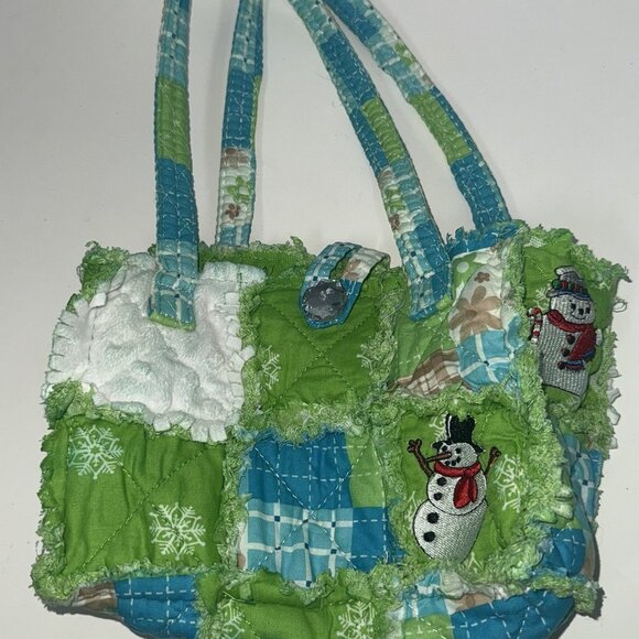 Bags | Quilted Christmas Patchwork Purse Tote Snowman Green Blue White ...